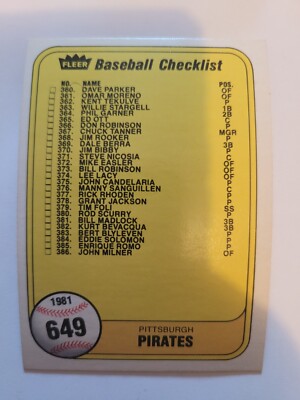 1981 FLEER PIRATES/INDIANS CHECKLIST #649 NM | eBay