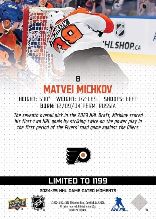2024-25 Matvei Michkov Upper Deck Game Dated Moments Limit to 1199 ...