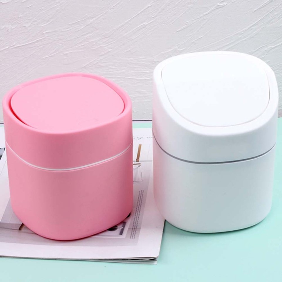 Push Trash Can Desk Table Waste Bin Desktop Wastebasket Small Covered ...