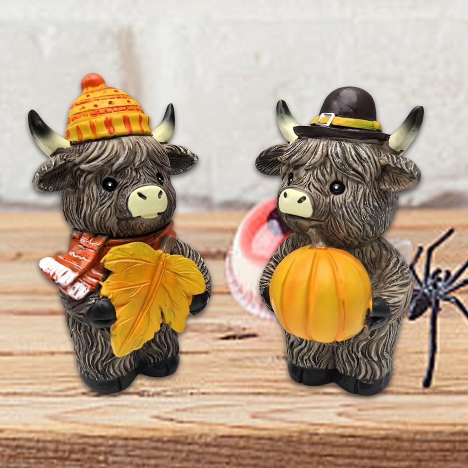 2Pcs Herbst Highland Kuh Statue Kürbis Ahorn Kuh Gnomes für Tee Zimmer ...