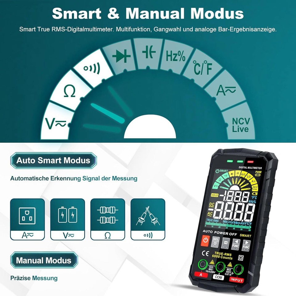 Smart Digital Multimeter 6000 Counts TRMS Auto Range LCD Colour Display ...