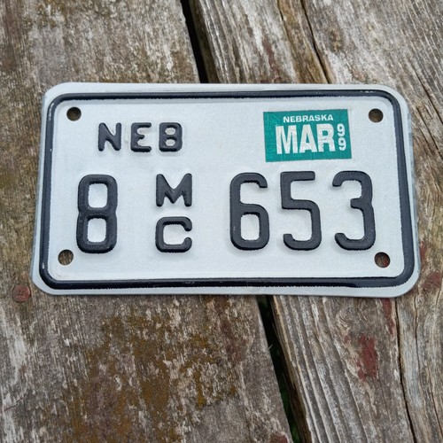 1999 Nebraska MOTORCYCLE License Plate - "8 MC 653" NEB Mar 99 sticker ...