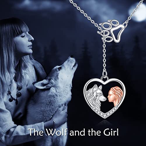 Sterling Silver Wolf and Girl Love Heart Paw Y-Necklace Pendant Jewelry ...