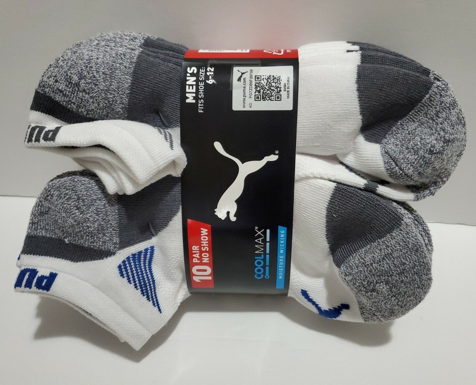 10 PAIR PUMA MEN'S NO SHOW SOCK - FITS SHOE SZ 6-12 COOLMAX MOISTURE ...