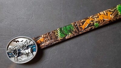DEER SCENE Design Antiqued Genuine Leather Belt with Detail Epoxy Deer ...