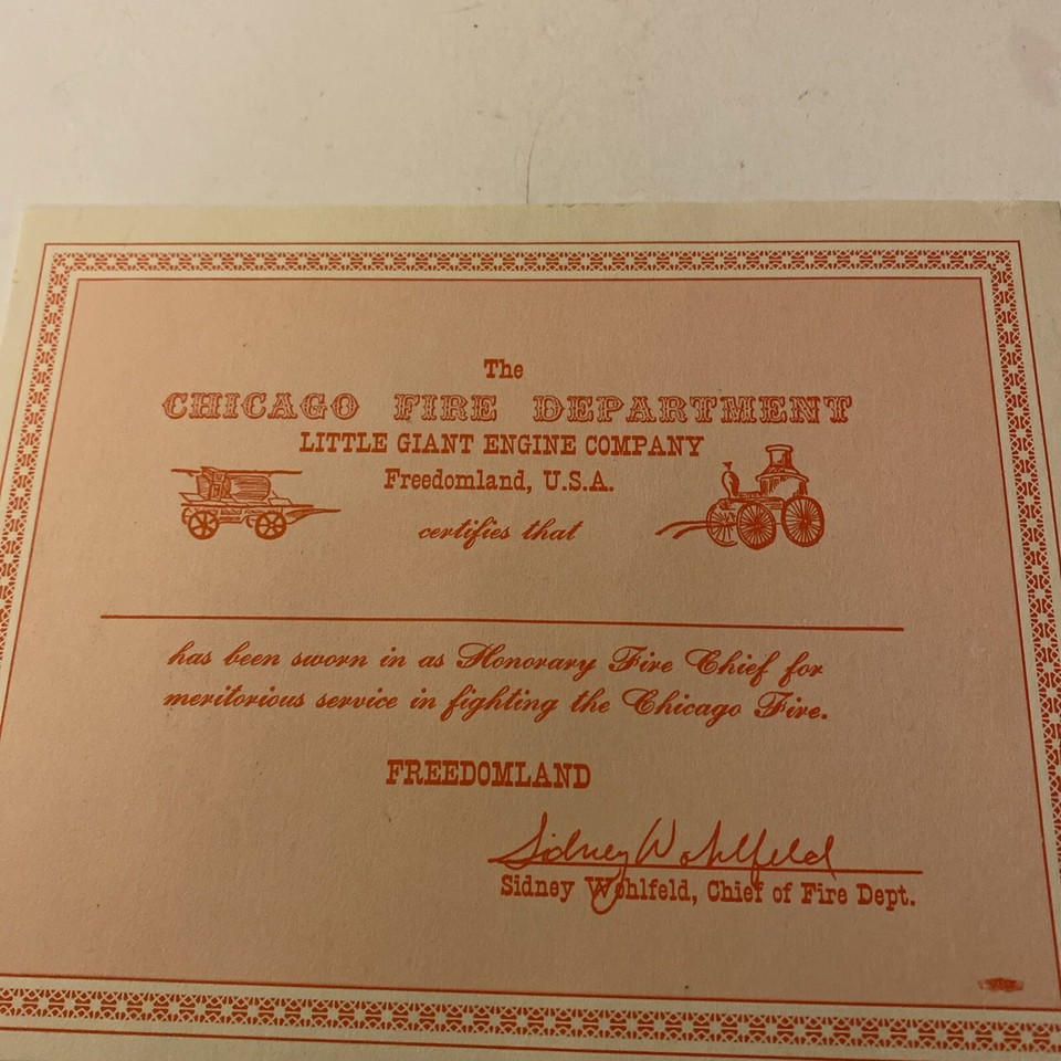 VINTAGE FREEDOMLAND CHICAGO FIRE DEPARTMENT HONORARY FIRE CHIEF ...