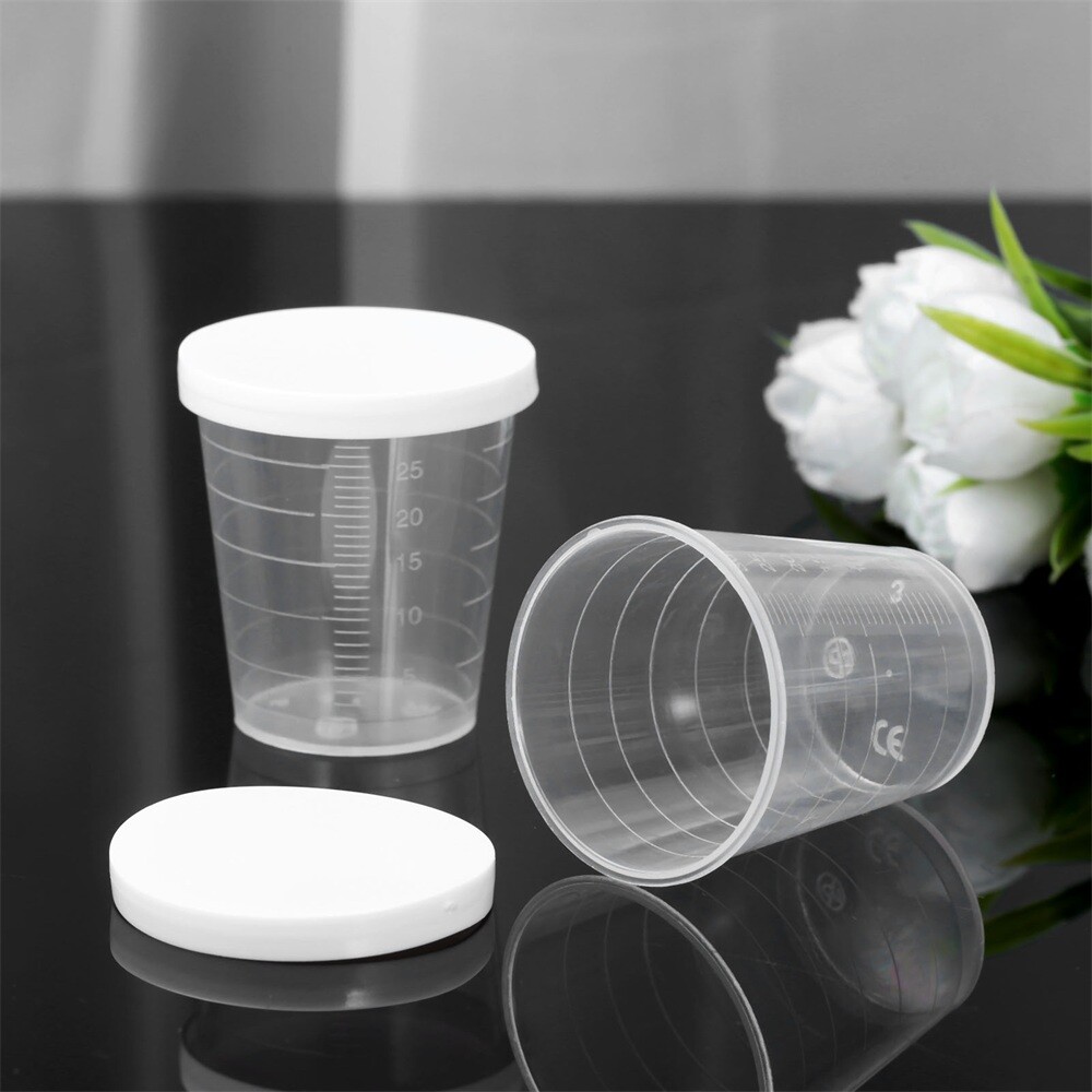 10Pcs 30ml Clear Plastic Lab Test Liquid Measuring Cup with Cap Sample ...