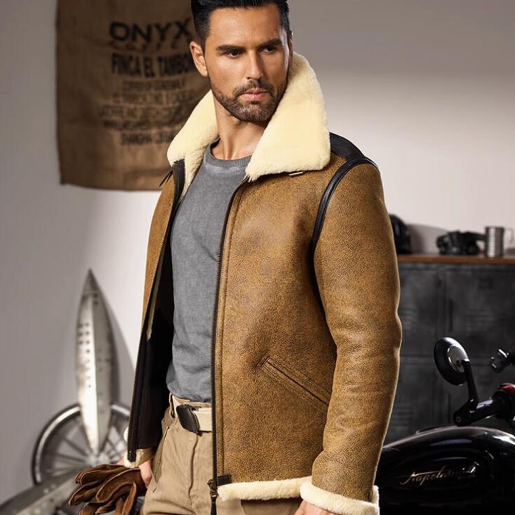 Denny&Dora Men's Shearling Jacket B6 Bomber Jacket Air Force Flight ...