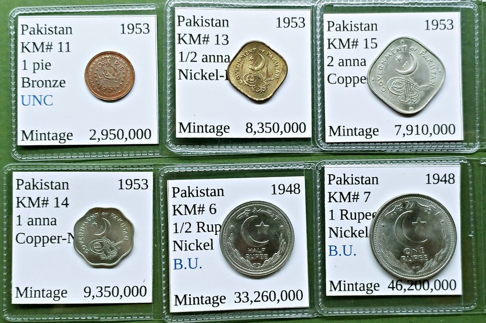Lot of 6 Different Old Pakistan Coins 1948-1953 Vintage World Foreign ...