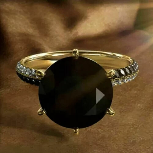 3Ct Round Lab-Created Black Diamond Engagement Ring 14K Yellow Gold ...