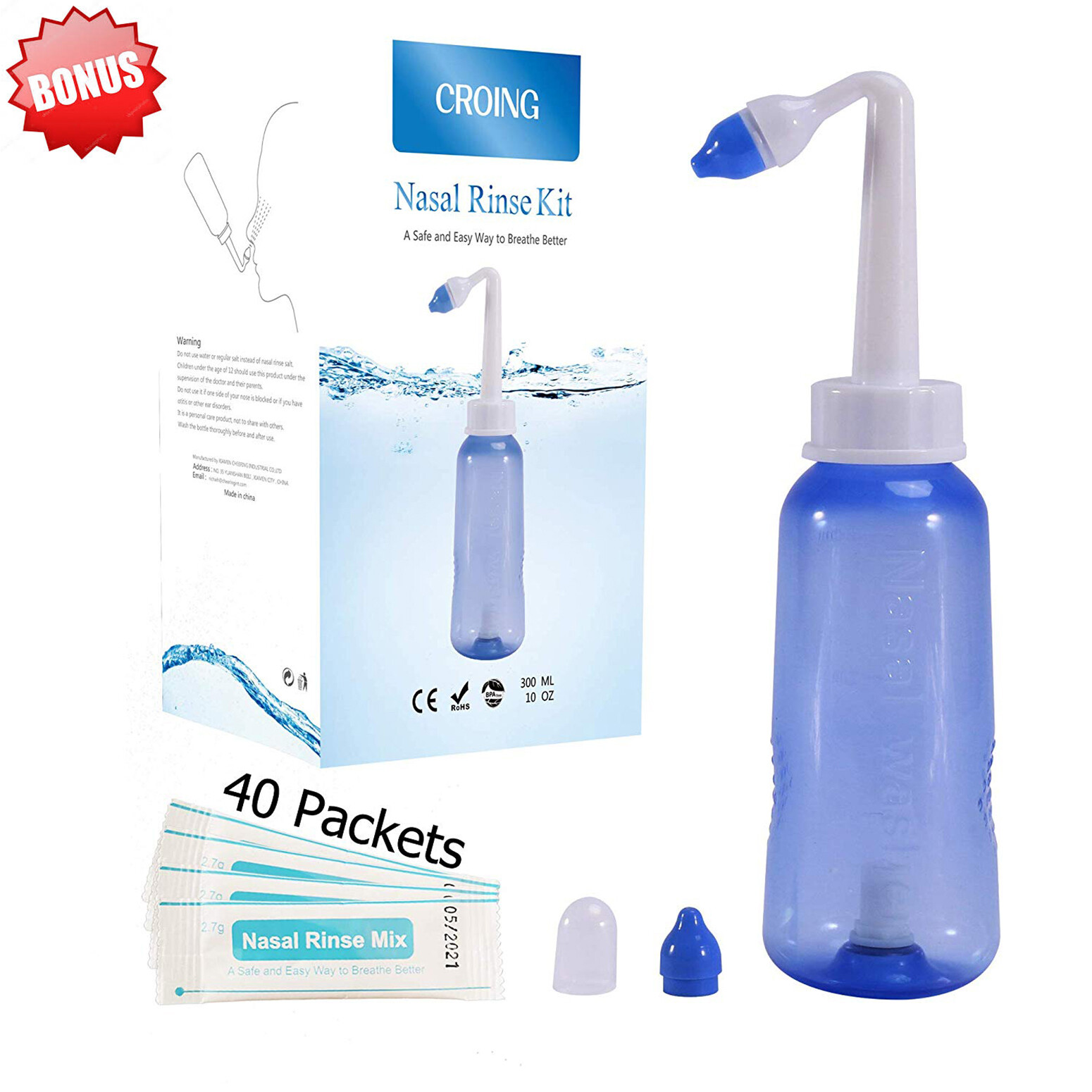 Croing 300ml Bottle + 40 Packets Nasal Salt Sinus Rinse Wash Kit Nose ...