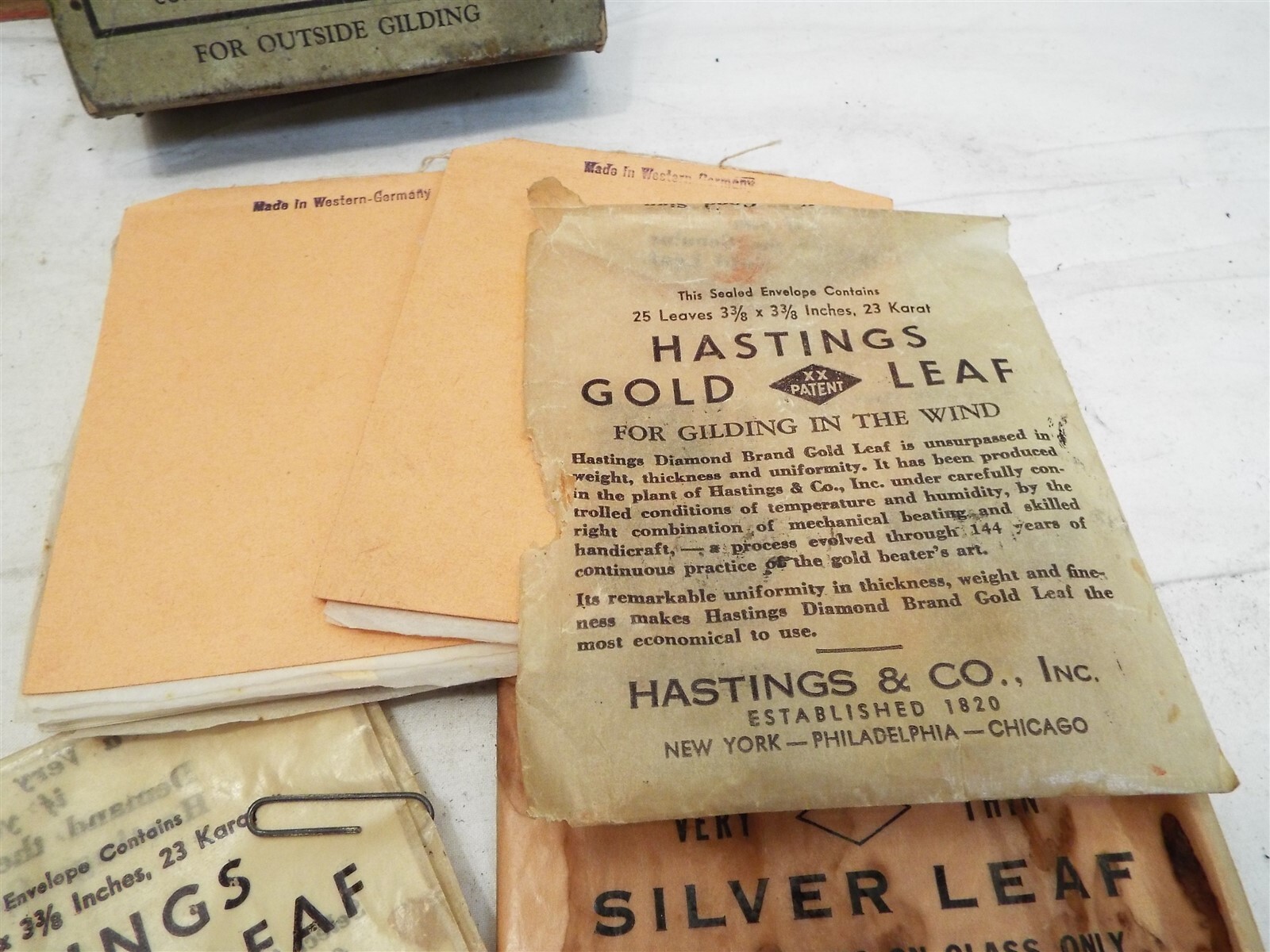 Antique Hastings XX 23K Gold Leaf Box with some Sheets & Silver ...