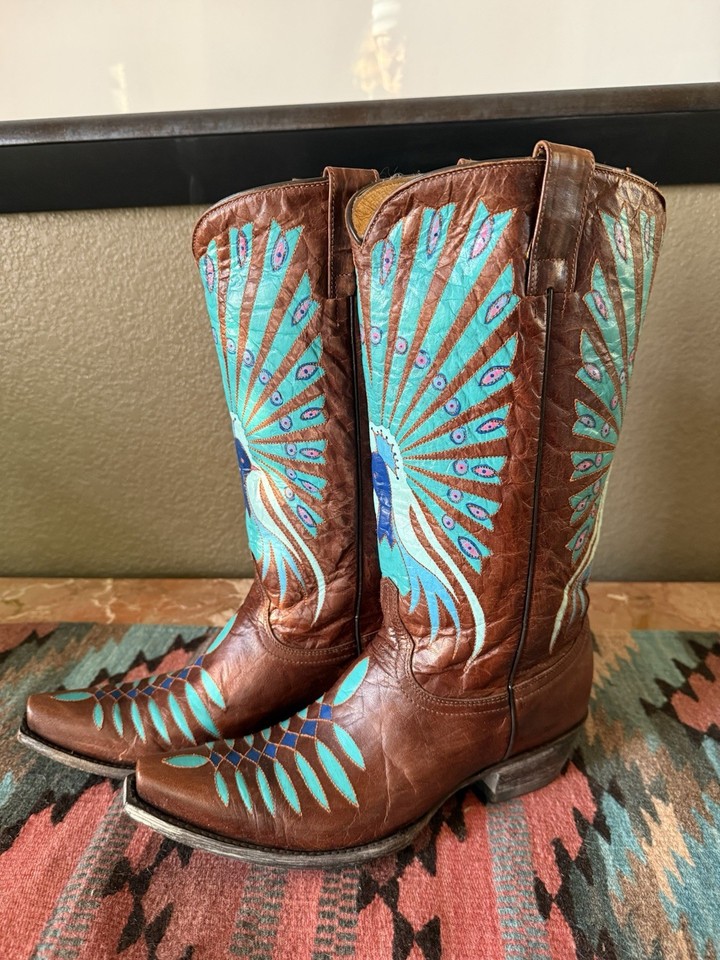 Cavender’s Stunning Unique Leather Peacock Boots Brown & Turquoise 9 ...