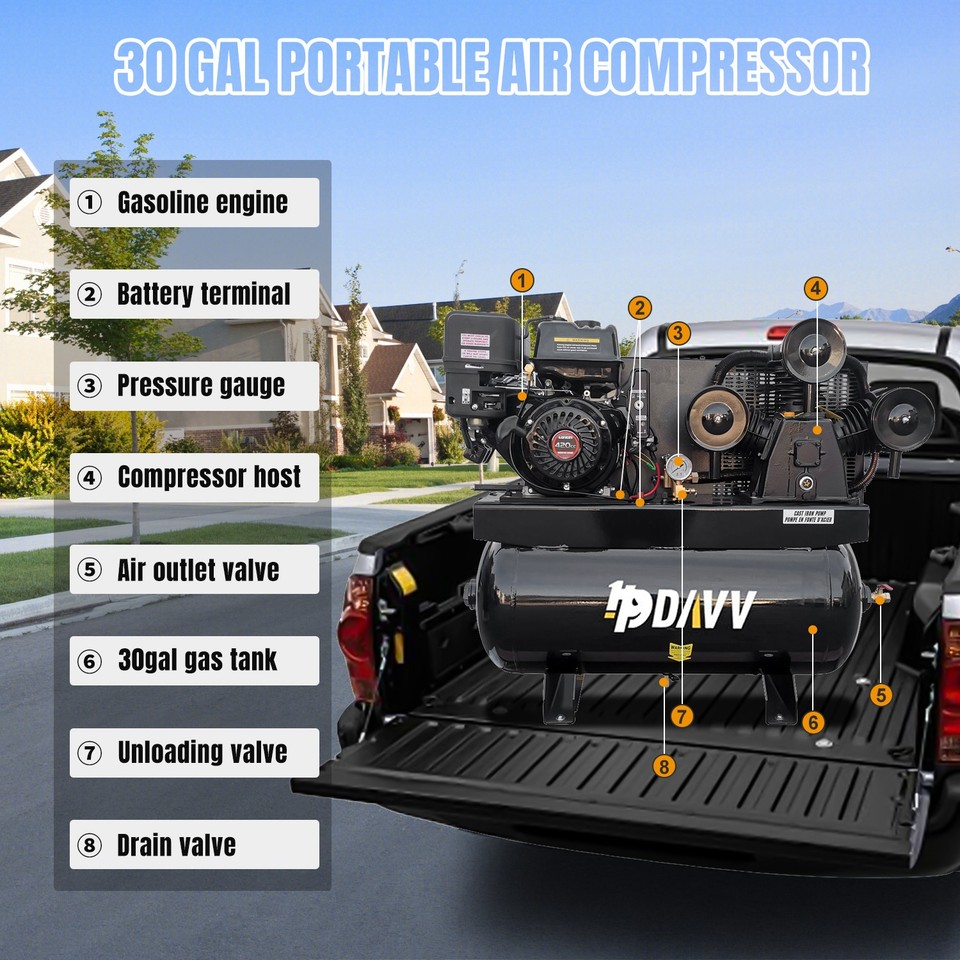 Portable Gas Engine Piston Air Compressor 13HP 35Cfm 30 Gallon+ 4L ...