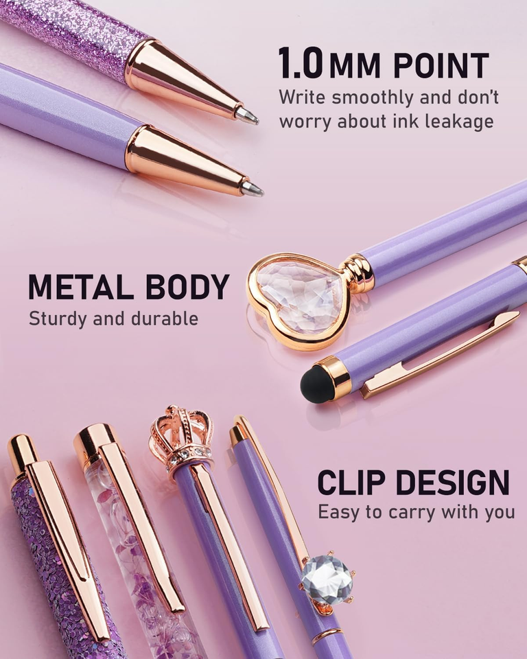 8Pcs Purple Pens, Metal Crystal Diamond Pen with Black & Blue Ink for ...