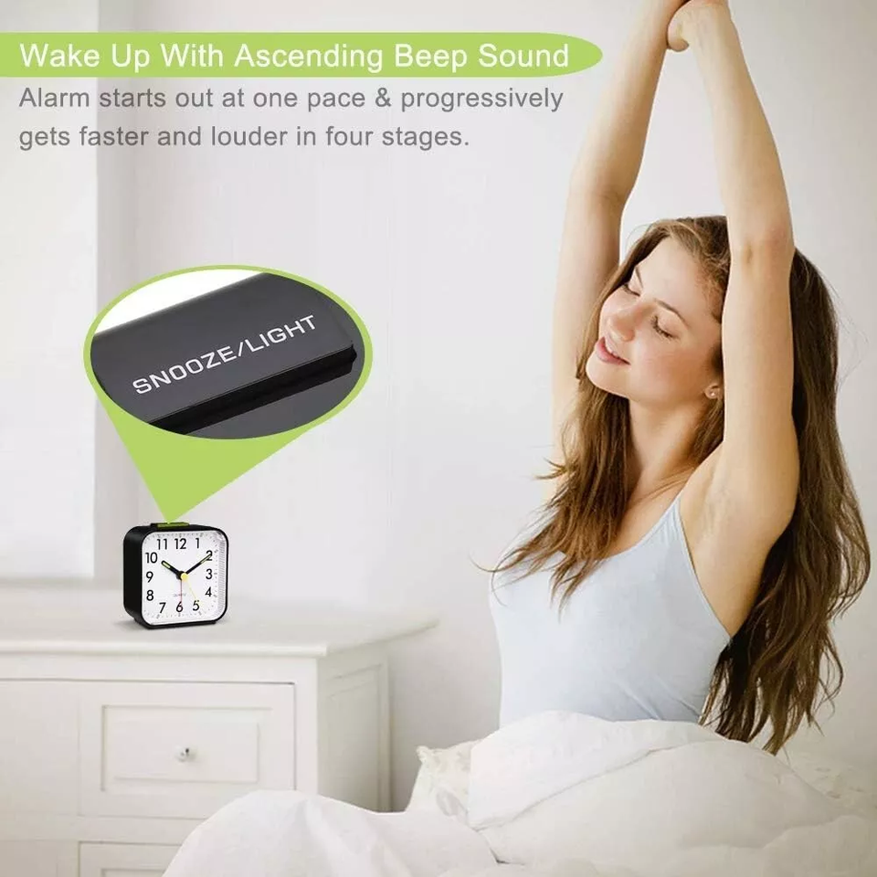 Quartz Alarm Clock With Night Light No Tick Snooze Silent Small Bedside ...