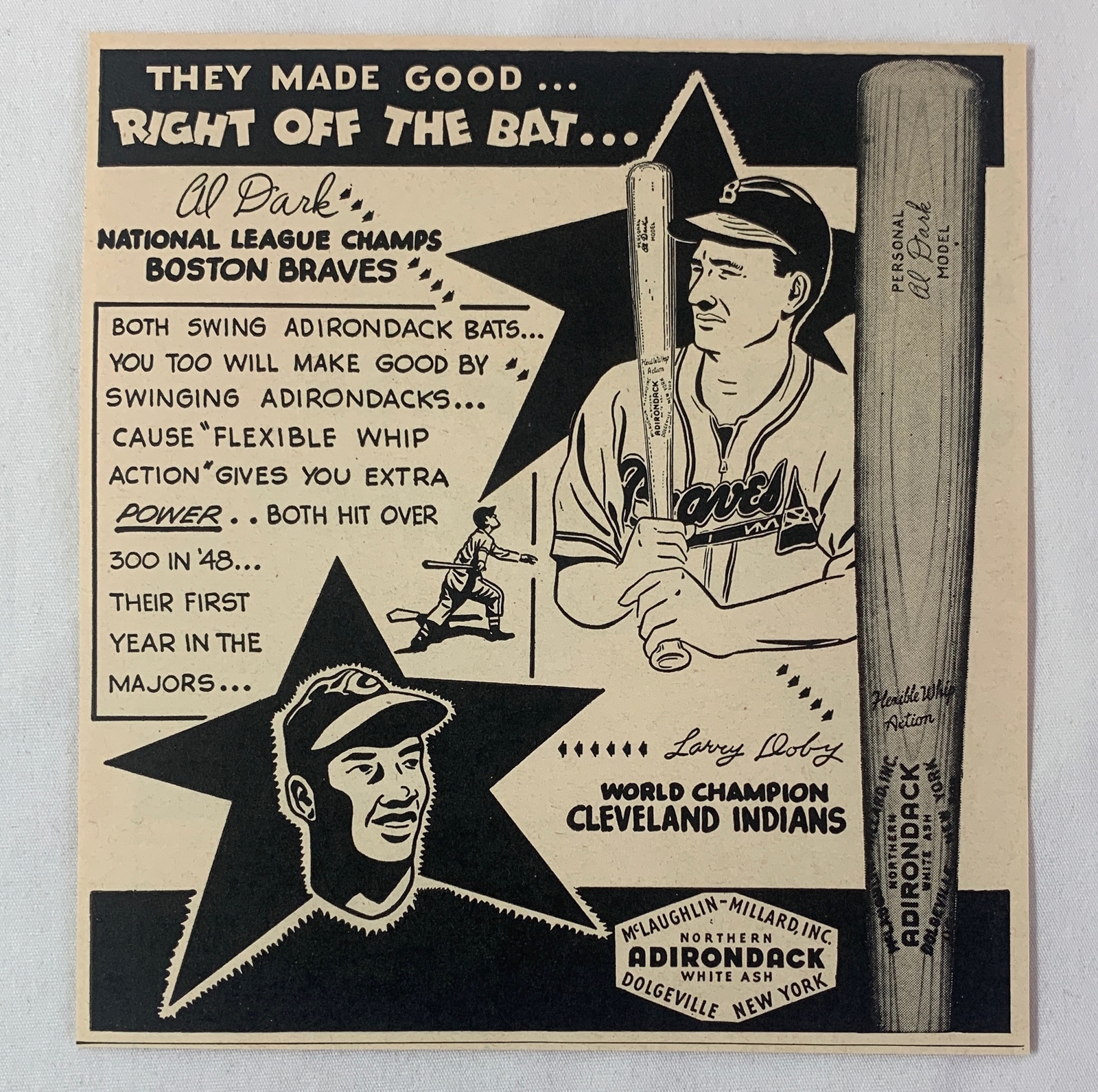 1949 Adirondack baseball bat ad ~ AL DARK Braves, LARRY DOBY Indians | eBay