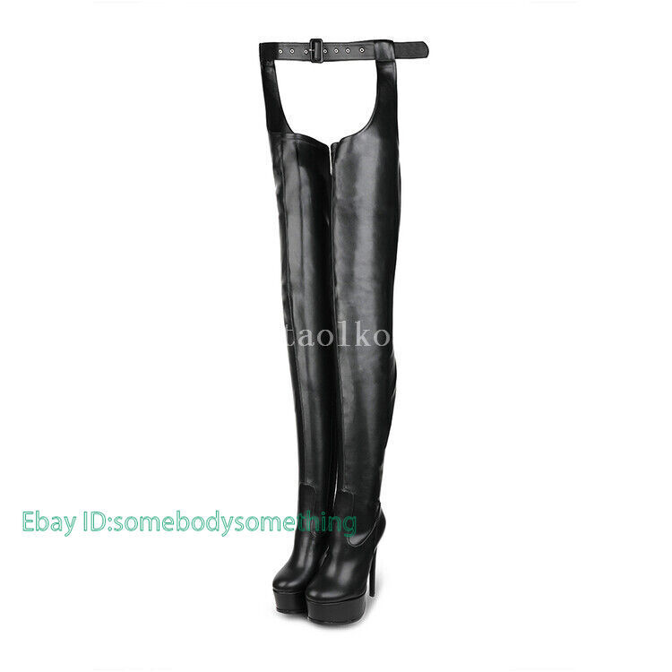 Women Platform Thigh High Buckle Boots 15cm Stiletto Heel Stretchy ...