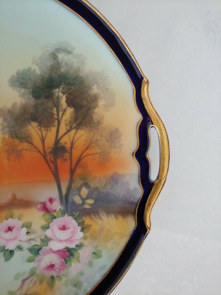 VINTAGE HAND PAINTED NIPPON PLATE WITH HANDLES 9” SUNSET FLORAL NATURE ...