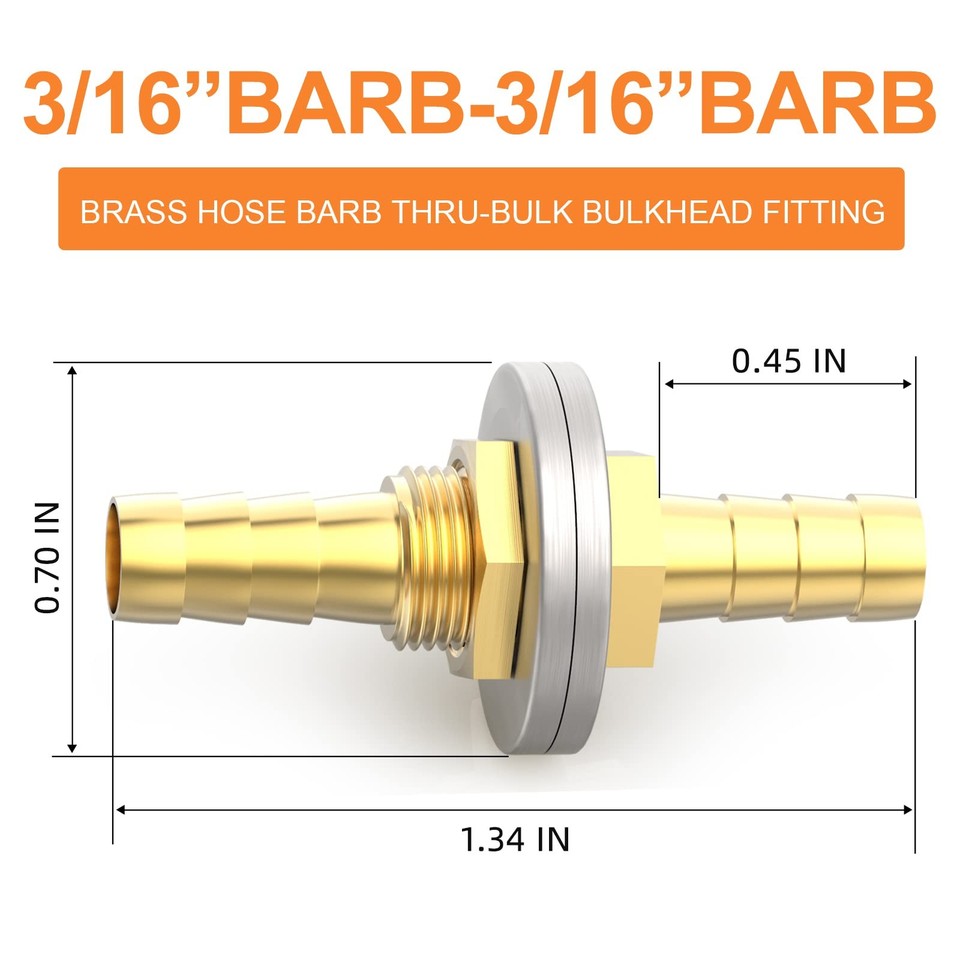 5 PCS Brass Hose Barb Thru-Bulk Bulkhead Fitting 3/16 Inch Straight Hex ...