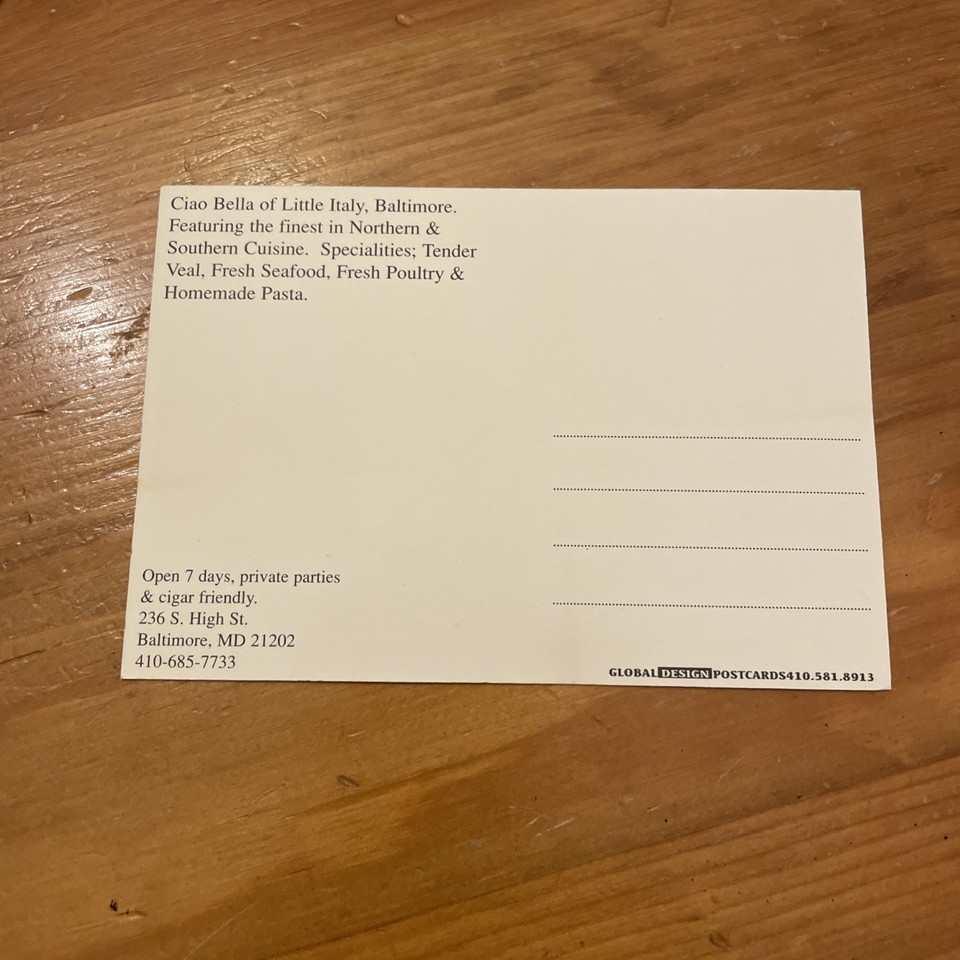 Vtg Postcard Ciao Bella Of Little Italy Baltimore MD Unused | eBay