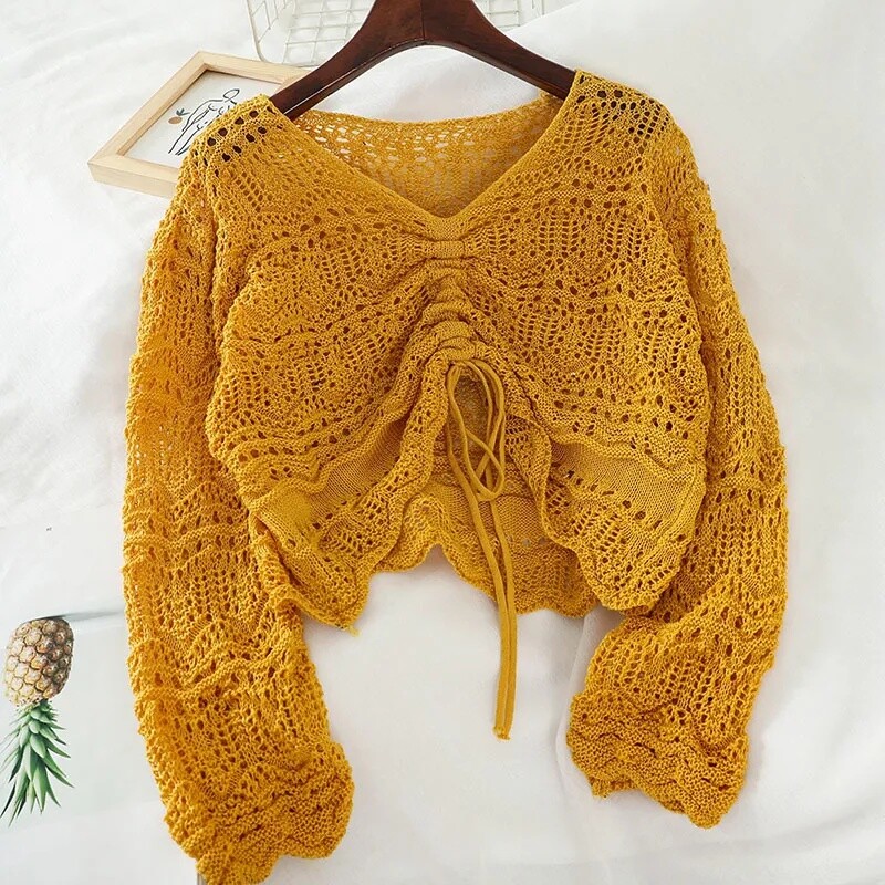 Women Knitted Cropped Sweater Hollow Crochet Pullover Drawstring Thin ...