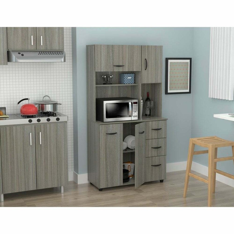 Gray Grey Kitchen Storage Microwave Cabinet Tall Cupboard Food Pantry ...