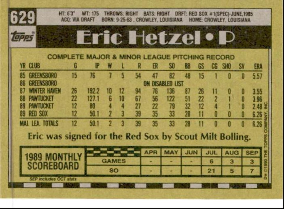 1990 Topps Baseball Cards Eric Hetzel . Boston Red Sox #629 | eBay