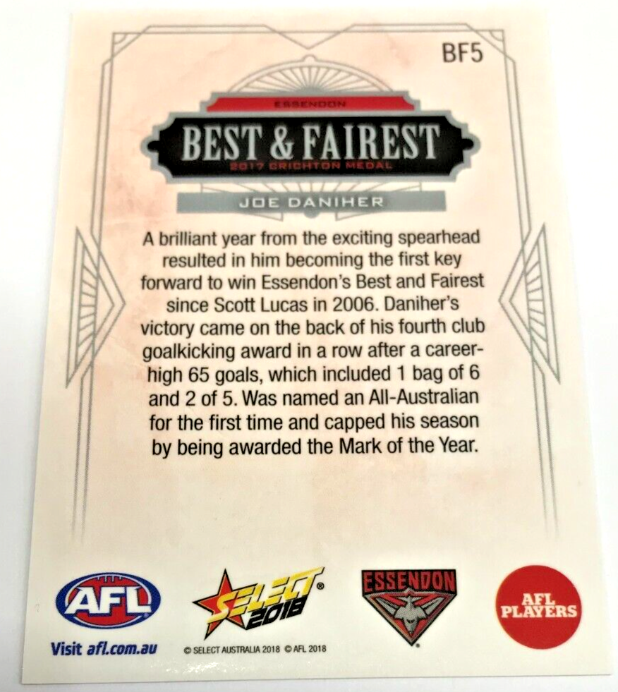 2018 SELECT AFL FOOTY STARS BEST AND FAIREST CARD BF5 JOE DANIHER ...