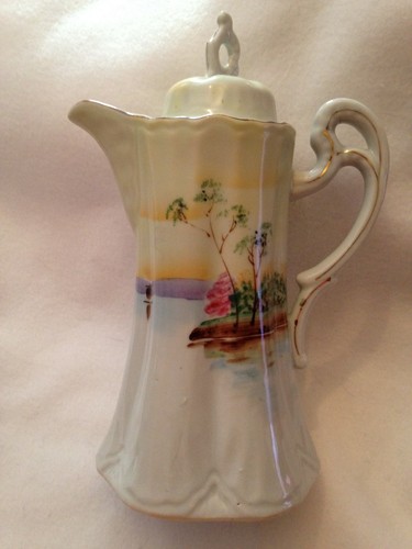 TT (Japan) Takito Chocolate/Tea Pot - Lake, Boat, Trees, Hand Painted ...