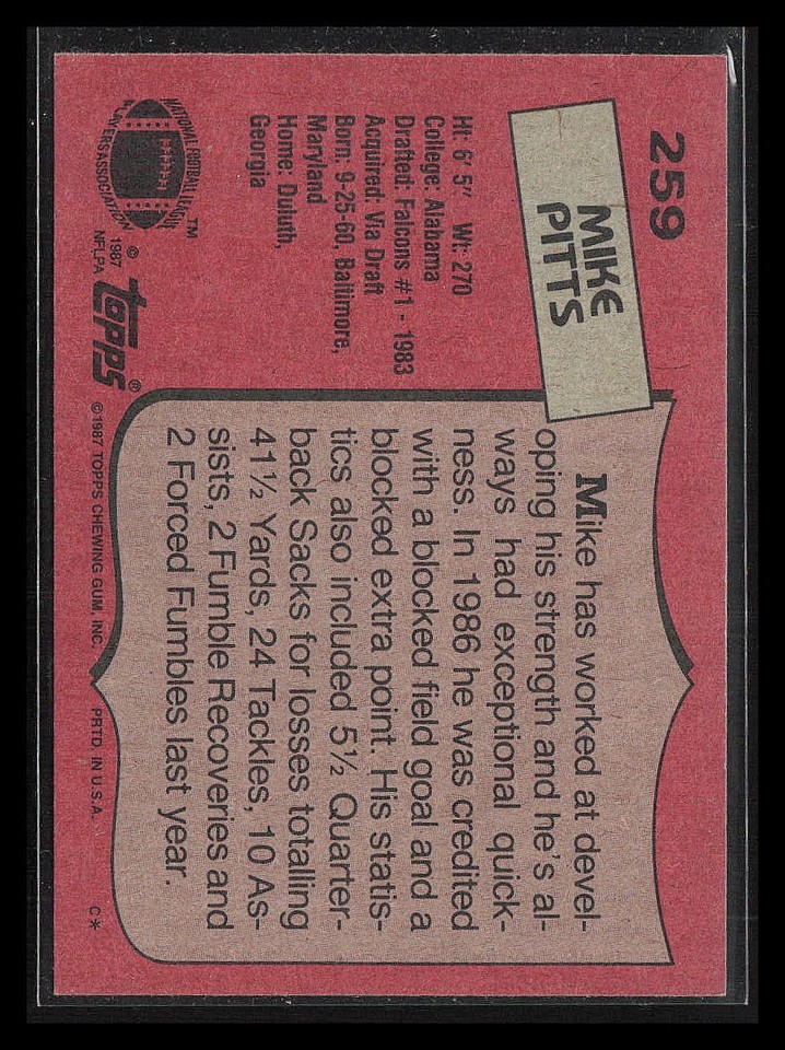 Mike Pitts 1987 Topps #259 Atlanta Falcons | eBay