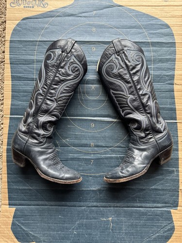 EUC Vintage LARRY MAHAN Women Tall Boot Sz 6 Blue Embroidered Soft ...