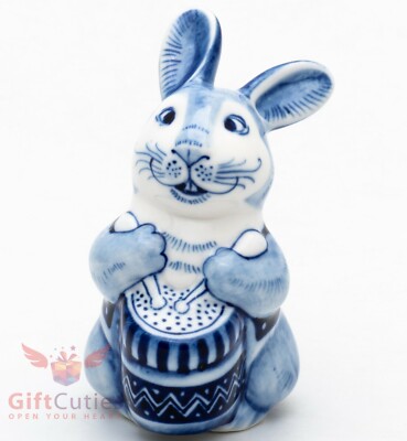 Bunny Rabbit Hare with a drum Gzhel Porcelain Figurine hand-painted ...