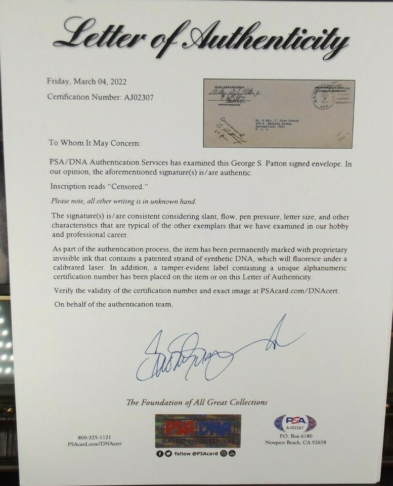 General George Patton US Seventh Army Signed War Dated Autograph Framed ...