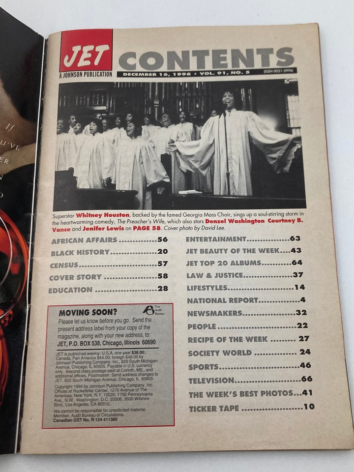 VTG Jet Magazine December 16 1996 Vol 91 #5 Whitney Houston, Denzel ...