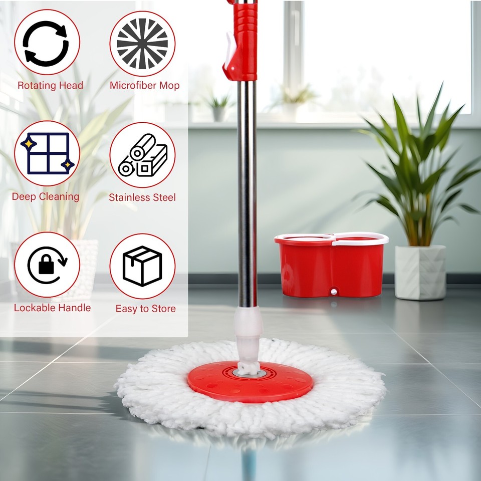 360° FLOOR MAGIC SPIN MOP BUCKET SET MICROFIBER ROTATING DRY HEADS WITH ...