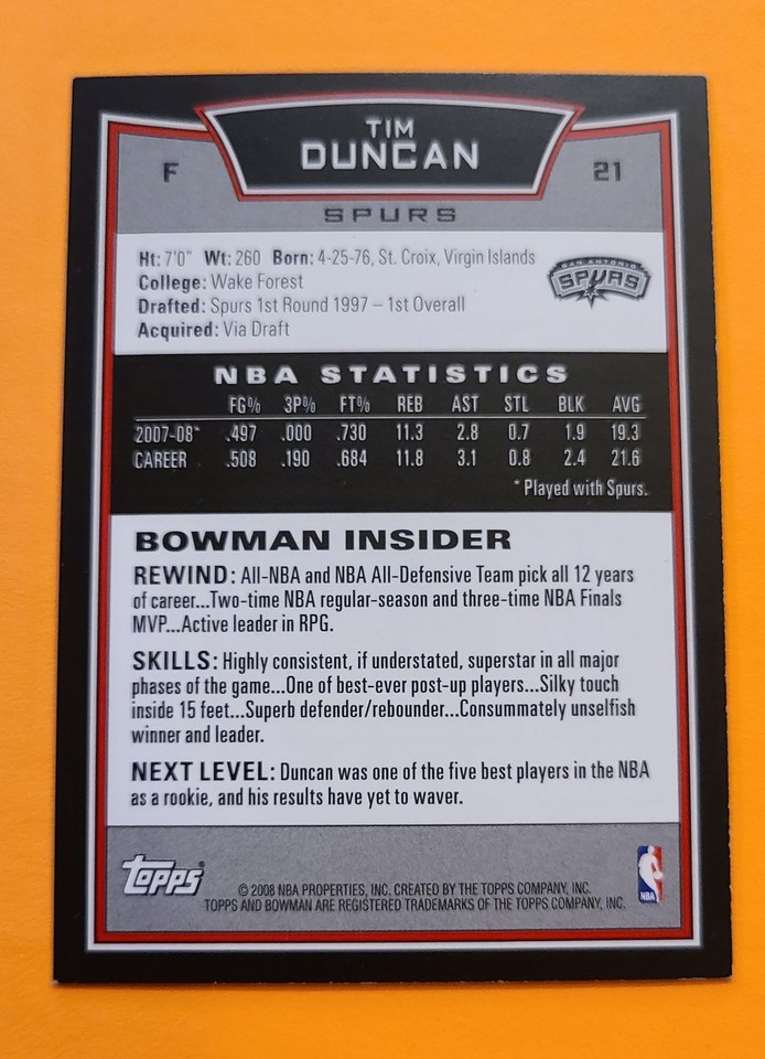2008 Bowman #21 Tim Duncan EXMT | eBay
