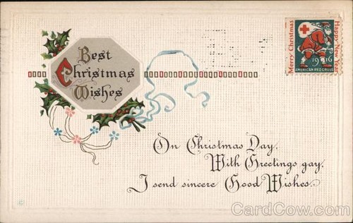 XMAS 1916 Best Christmas Wishes Antique Postcard 1c stamp Vintage Post ...
