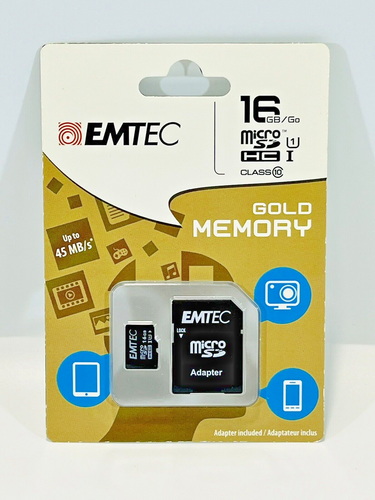 Emtec 16 GB Class 10 Micro SD Gold Memory Card With Adapter Retail for ...