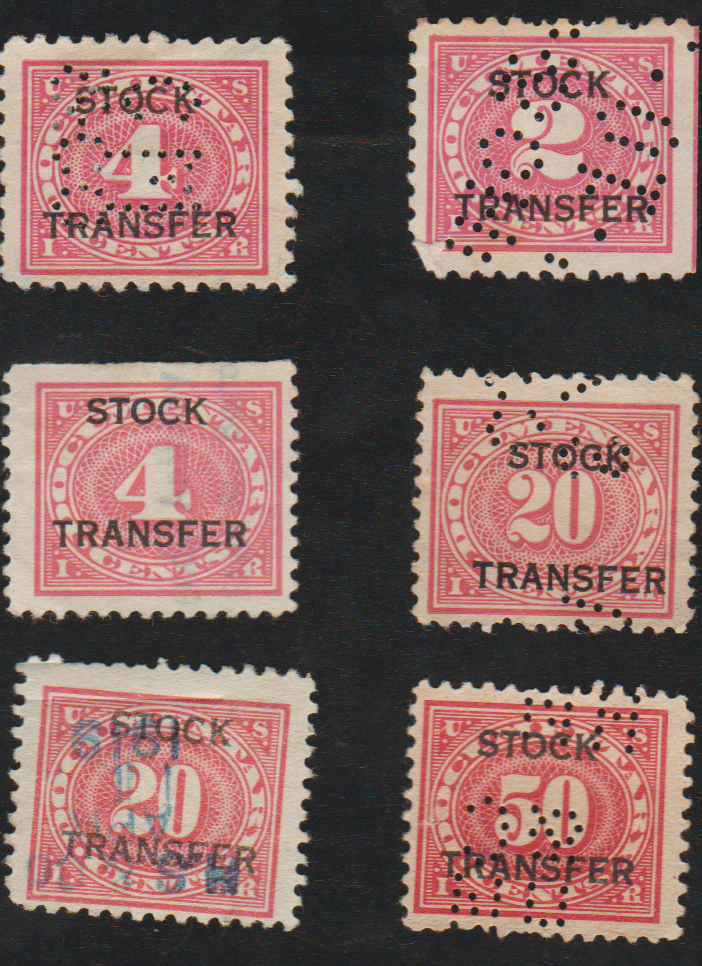 ONE LOT OF 6 STOCK TRANSFER OVERPRINT STAMPS SCOTT #'S RD2 RD3 RD6 ...