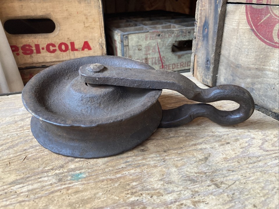 Antique Cast Forged Iron Barn Pulley Block Tackle Vintage Metal Farm ...