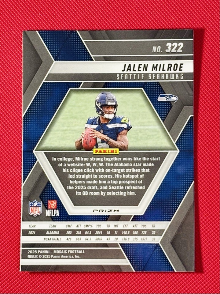 NFL 2025 Mosaic Jalen Milroe RC Red & White Stripe Prizm Candy Cane ...