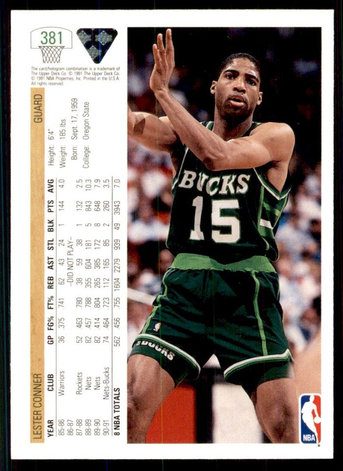 1991-92 Upper Deck Lester Conner Milwaukee Bucks #381 NBA Basketball | eBay