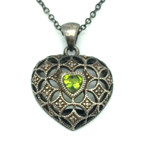 Vtg Puffy Heart Pendant Necklace Green Rhinestone Sterling 925 Signed ...