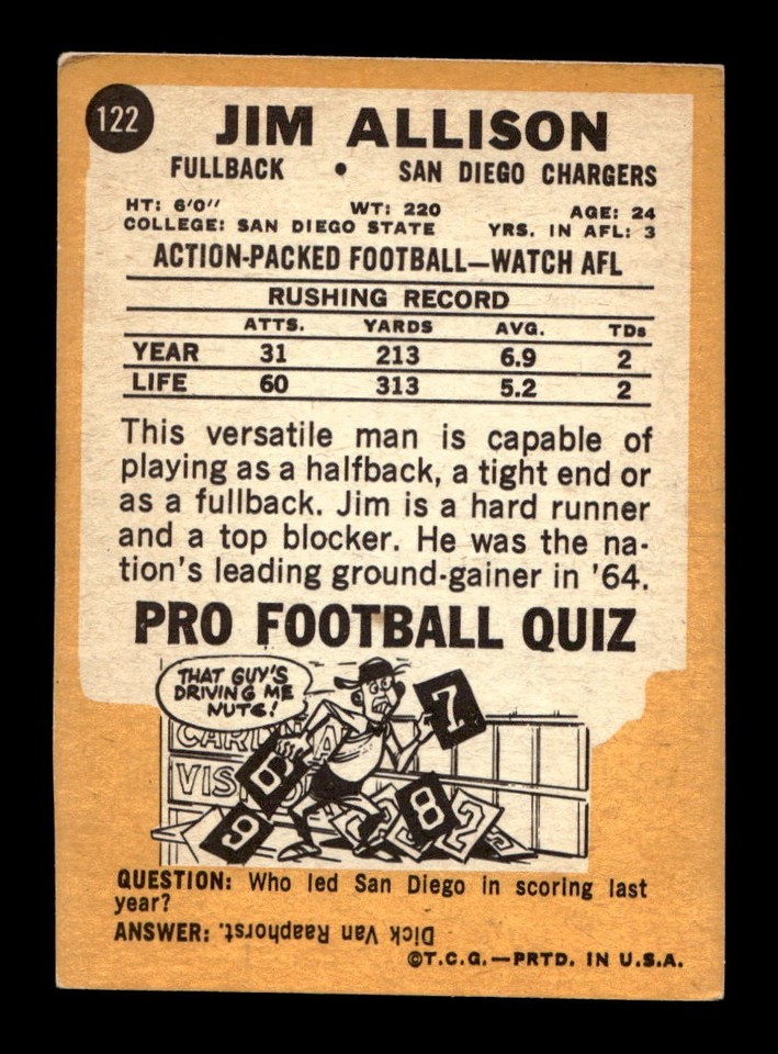 1967 Topps #122 Jim Allison Chargers VG *9q | eBay