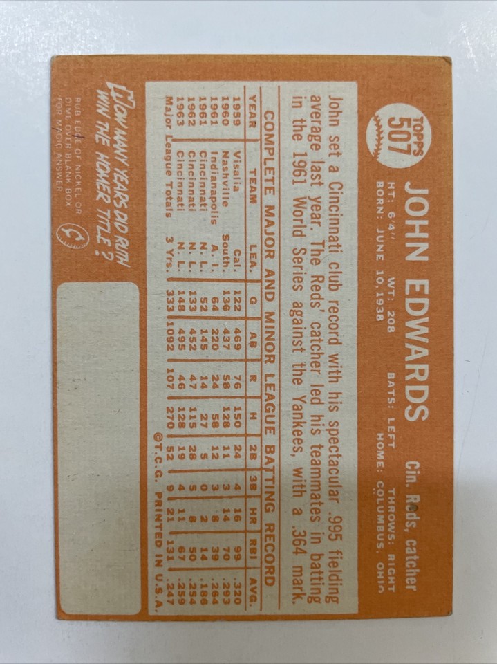 Johnny Edwards Autographed 1964 Topps Card #507 Cincinnati Reds A-365 ...