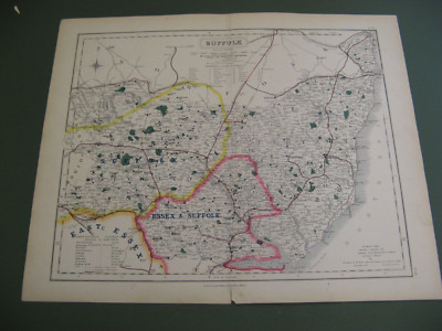 100% ORIGINAL SUFFOLK FOX HUNTING MAP BY HOBSON C1860/S VGC COLOURED ...
