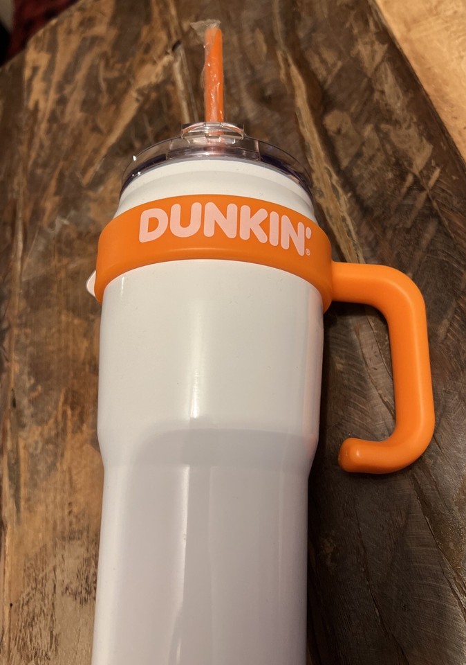 DUNKIN DONUTS 24 Oz Stainless Steel Travel Tumbler Mug HANDLE WHITE ...