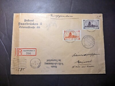 1935 Registered Germany Saargebiet Cover Saarbrucken to Epinal France ...