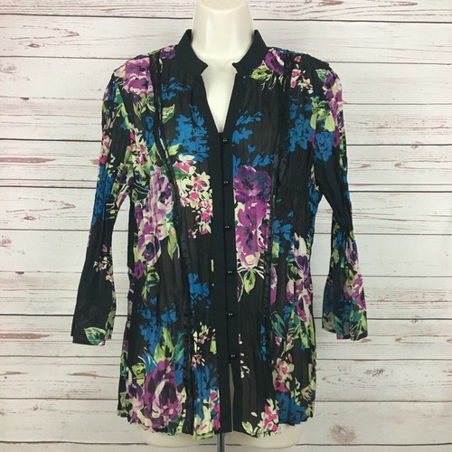 Notations Women's Large Black Top Button Up Floral Crinkle 3/4 Sleeve ...